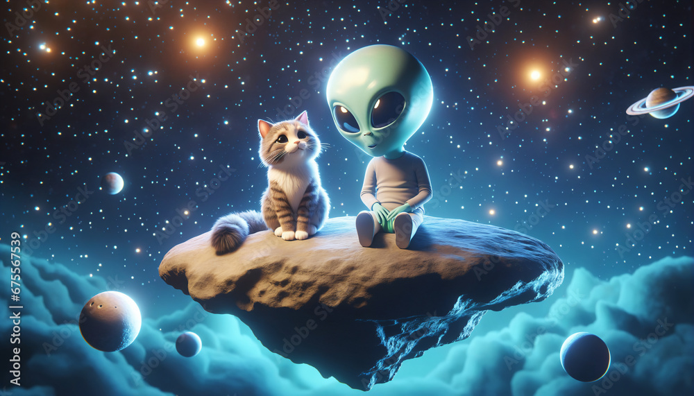 Small space alien and earth cat share stories on a hovering rock in a ...
