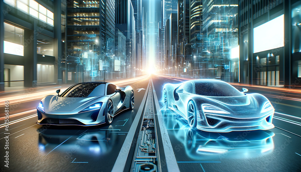 Digital twin concept of car. Wireframe rendering of sport car and ...