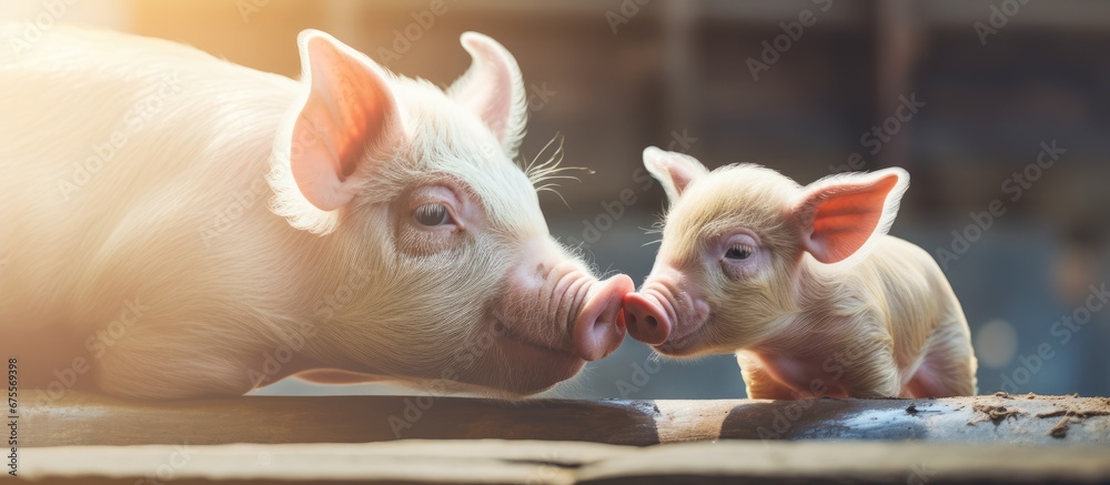 At the family farm the cute young piglet happily drinks milk from its ...