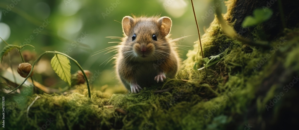 In the beautiful green forest a cute little rodent with furry fur poses ...