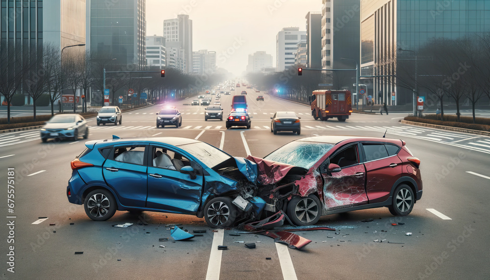 Head-on collision between two cars on a city road. The blue and red ...