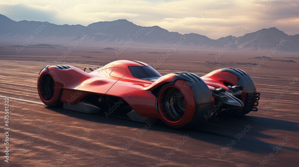 Red futuristic sports racing car races across the land of an alien ...
