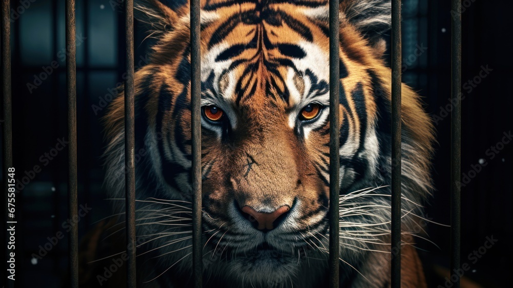Tiger locked in cage. Lonely sick skinny tiger in cramped jail behind ...