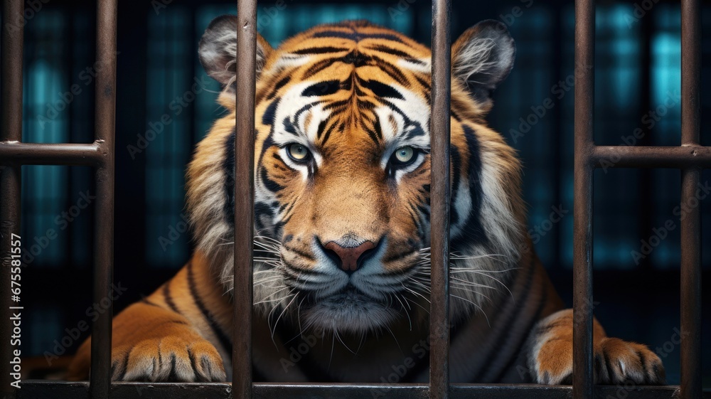 Tiger locked in cage. Lonely skinny tiger in cramped jail behind bars ...