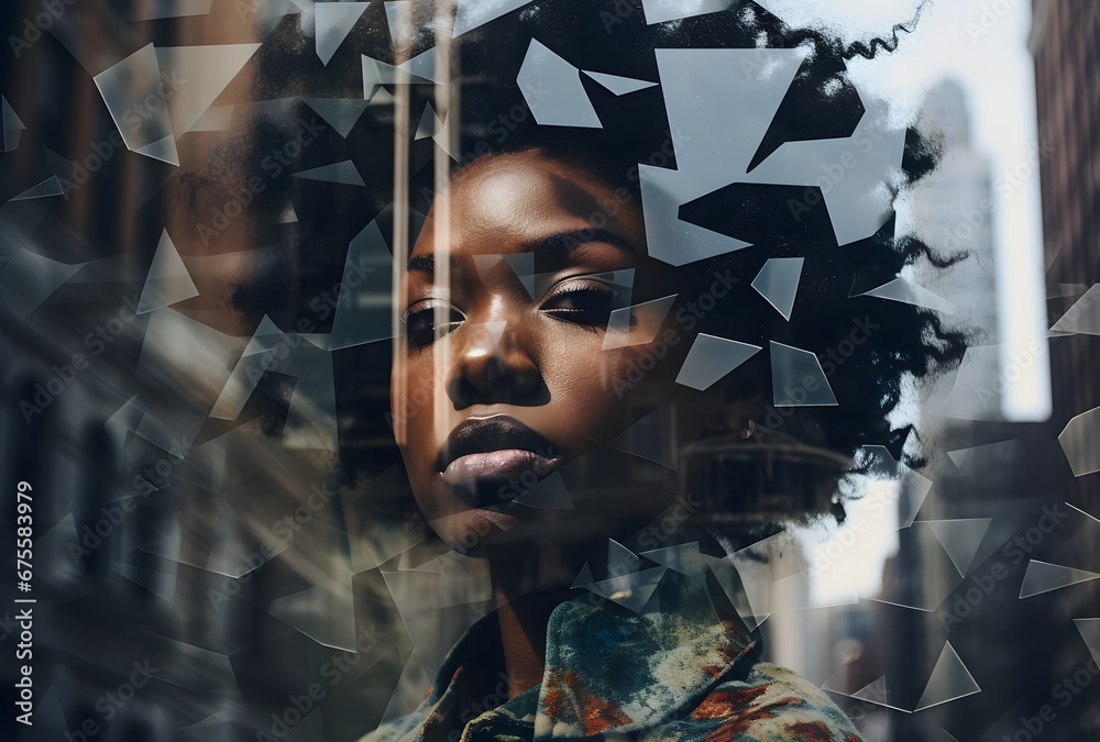 portrait of a woman against the background of a photo of New York ...