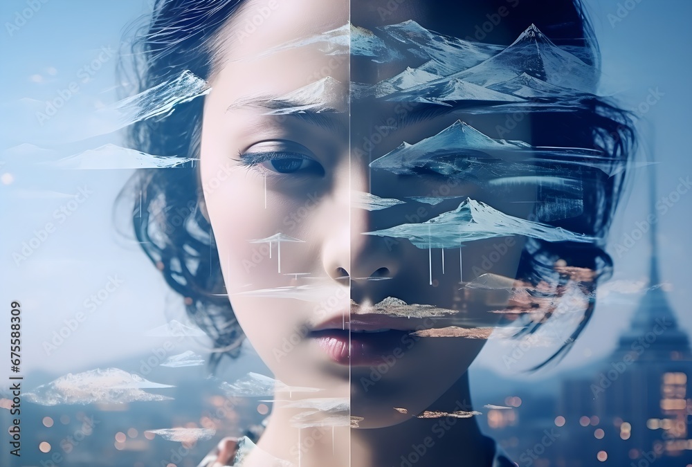 portrait of a woman against the backdrop of the Great Wall of China and ...