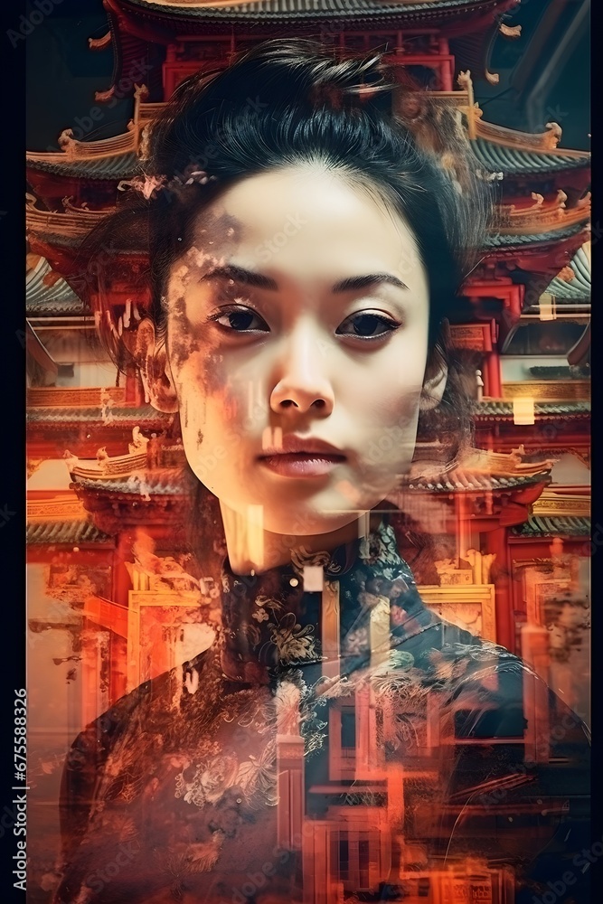portrait of a woman against the backdrop of the Great Wall of China and ...