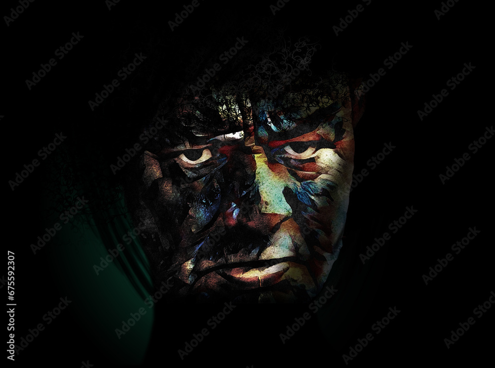 Here is a digital watercolor painting of a sinister dark man in shadows ...