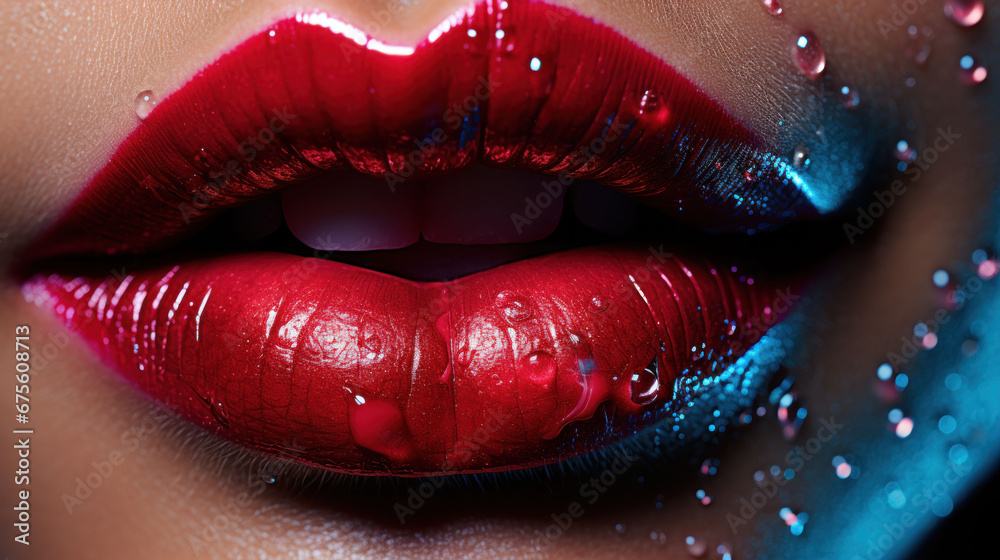 Striking lips with red to blue gradient and sparkling water drops for a ...