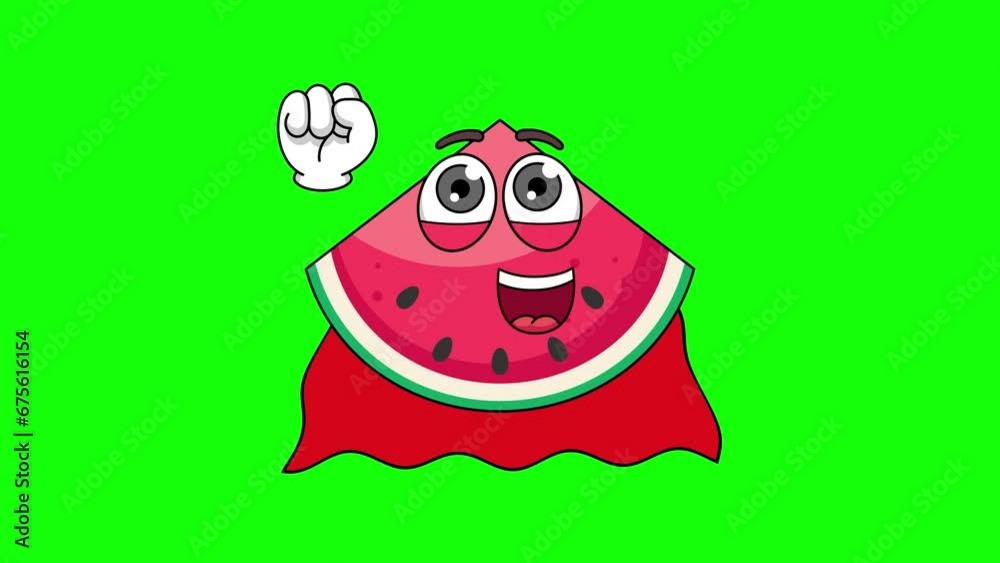 Superhero watermelon cartoon flying with red cape, green screen ...