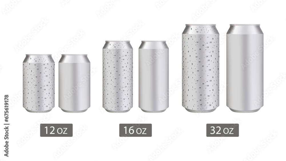 Realistic standard and long aluminium cans with water drops. Vector ...