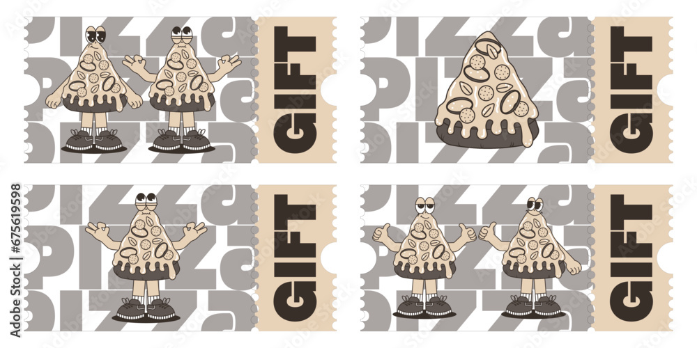 Set of Retro vintage cartoon Gift Voucher with characters Pizza. Cute ...