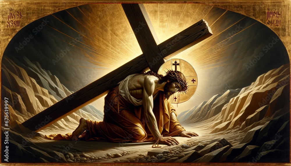 The Cross of Calvary : Jesus falls under the weight of the cross. Stock ...