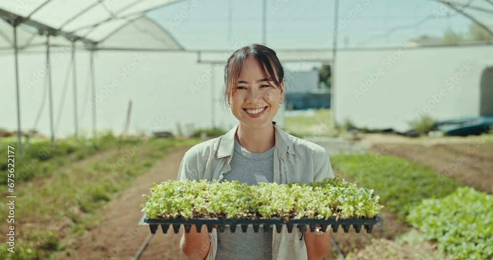 Happy asian woman, plant and agriculture in greenhouse farming ...
