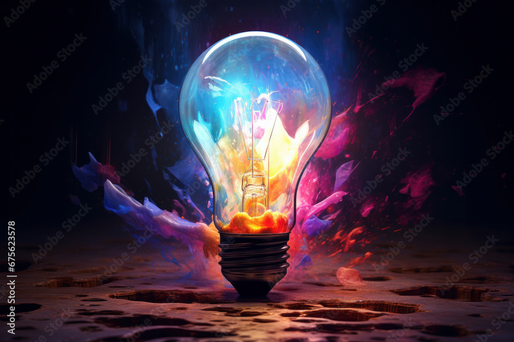 In the abstract realm of ideas, a brilliant lightbulb with a rainbow ...