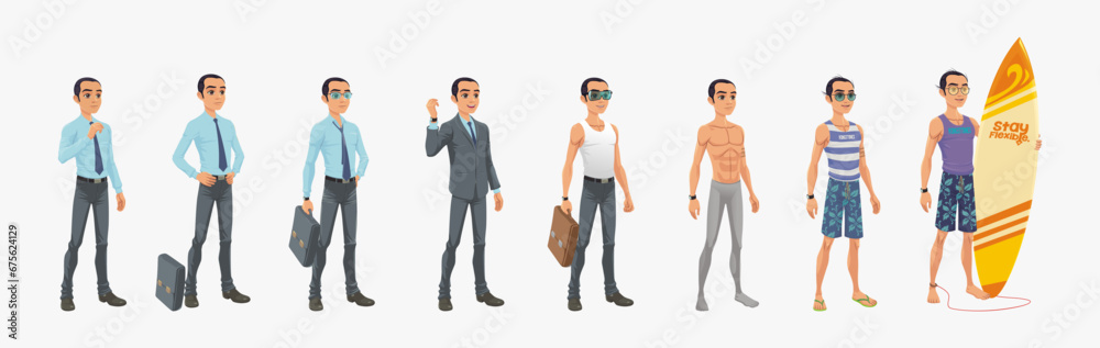 Concept of man in different processes. employee working towards man on ...