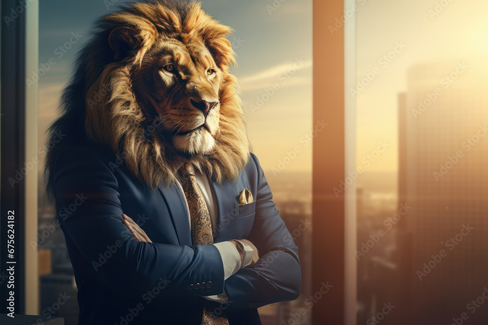 A lion with a suit and tie represents a confident and formal corporate ...