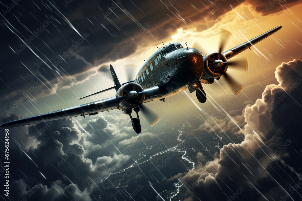 Aircraft winging through a dramatic thunderstorm with lightning ...