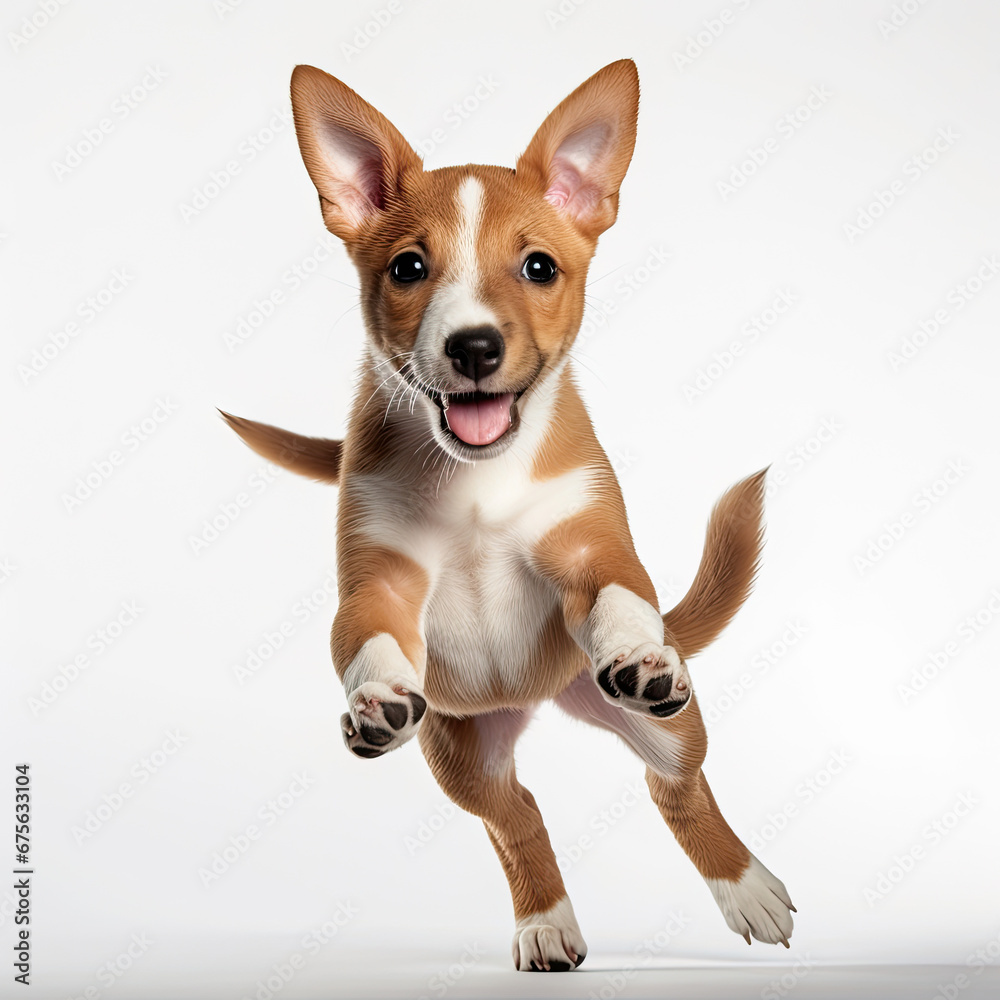 Adorable brown basenji puppy dog jumping on white background created ...
