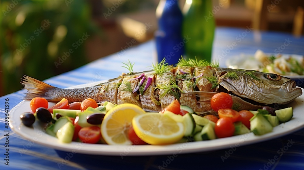 Traditional Cretan Dorada fish with Greek salad, Kissamos, Crete, Greek ...