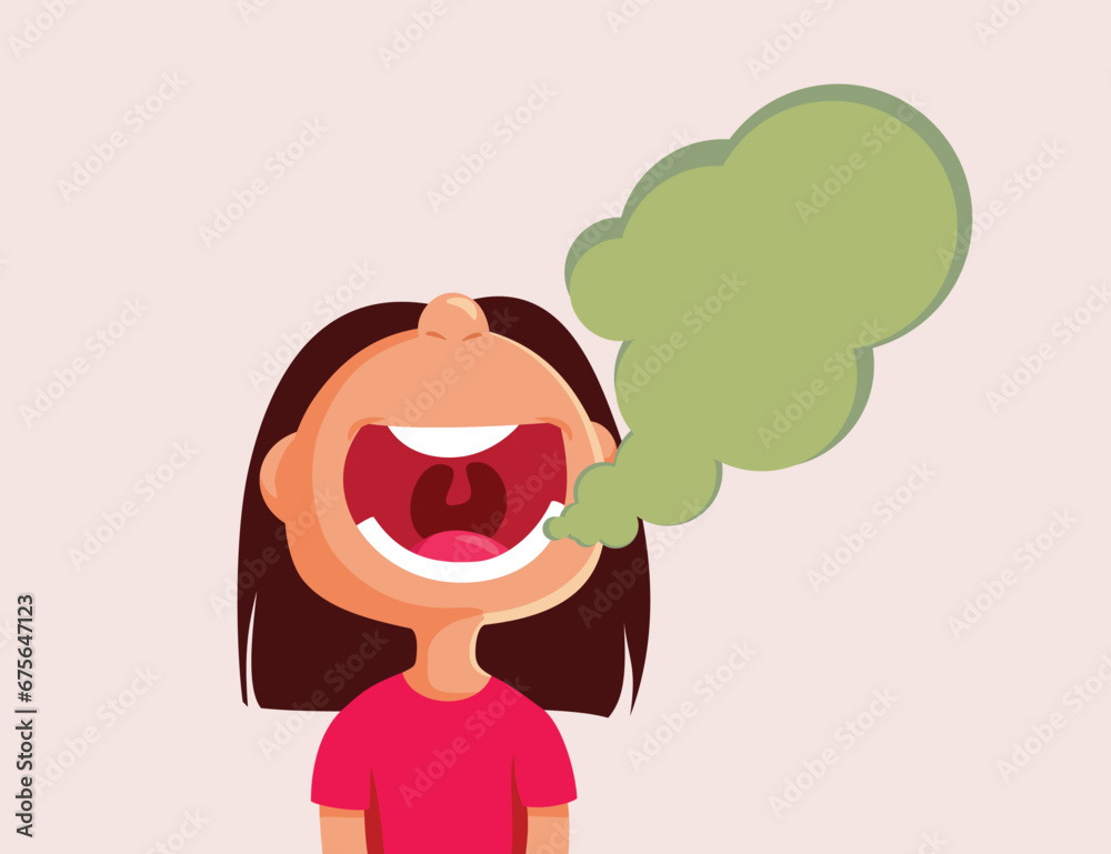 Little Girl Suffering from Halitosis Vector Cartoon illustration. Kid ...