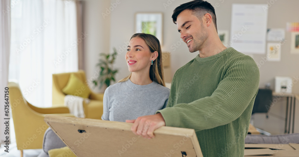 Home, decoration and couple with frame for interior design, planning ...