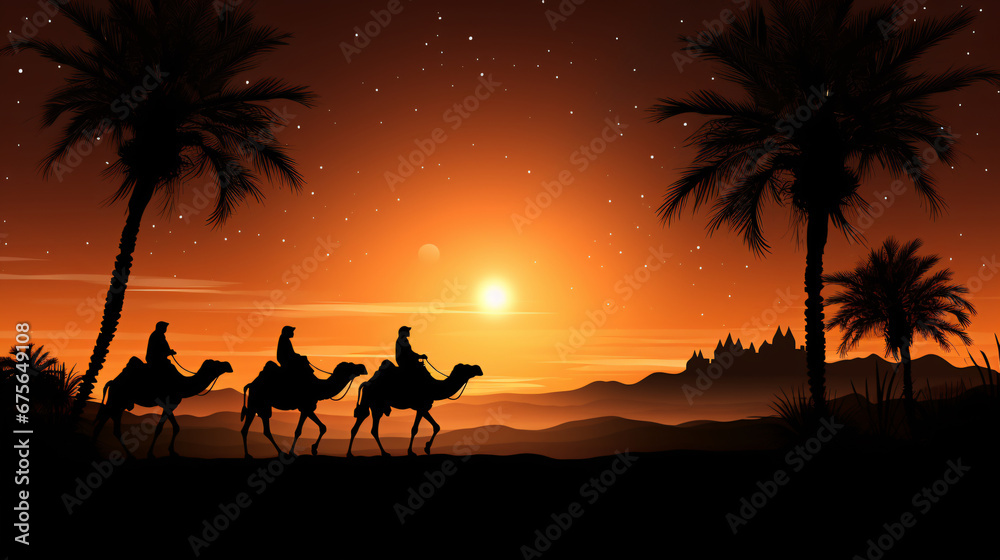 The three Biblical Wise Men going to Bethlehem to see the birth of the ...
