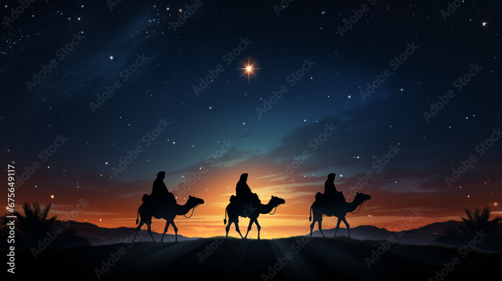 The three Biblical Wise Men going to Bethlehem to see the birth of the ...