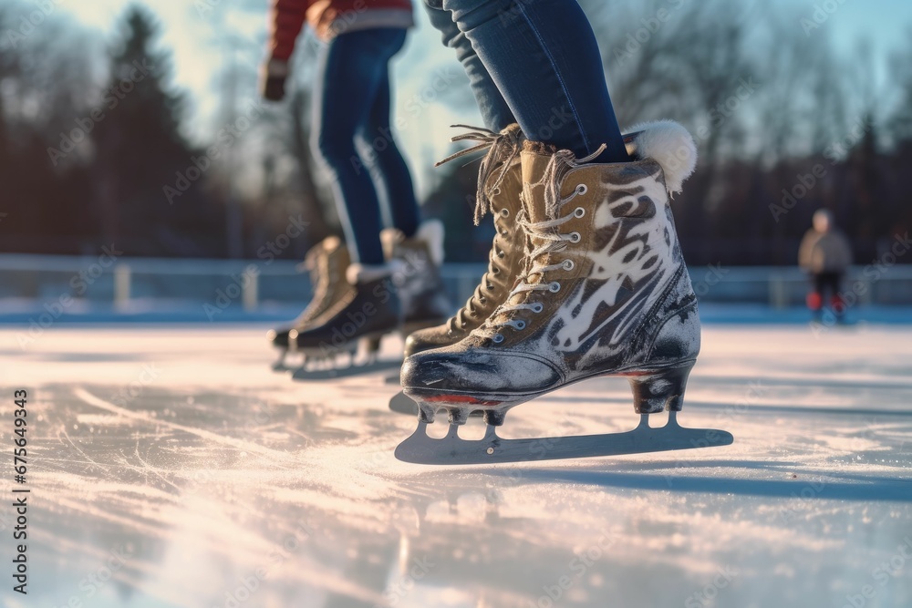 a pair of ice skates, captured up close as they glide gracefully on an ...