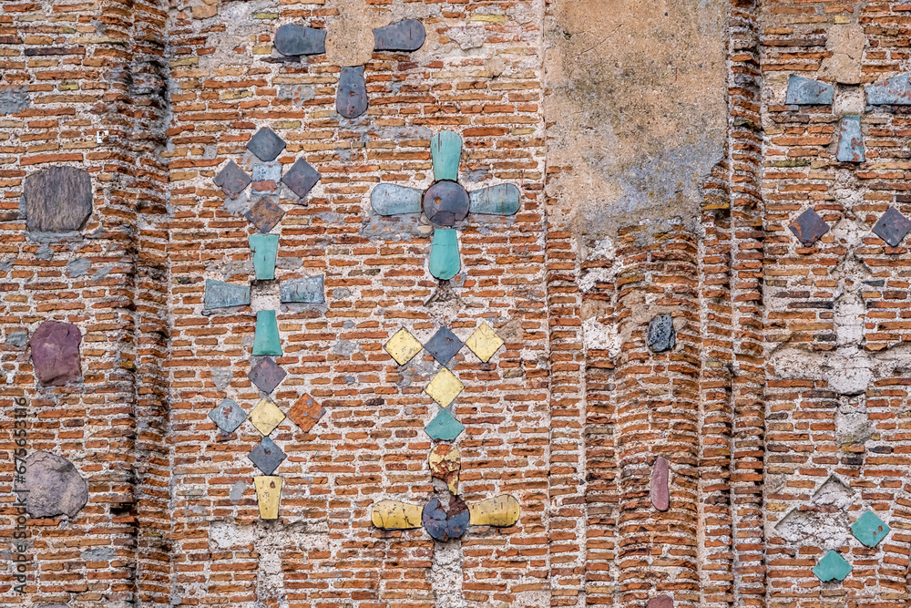 wall of an ancient orthodox church, monument of old brick russian ...
