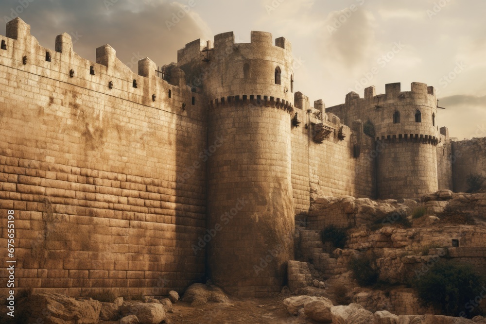 A horse stands in front of a sturdy stone wall. This image can be used ...