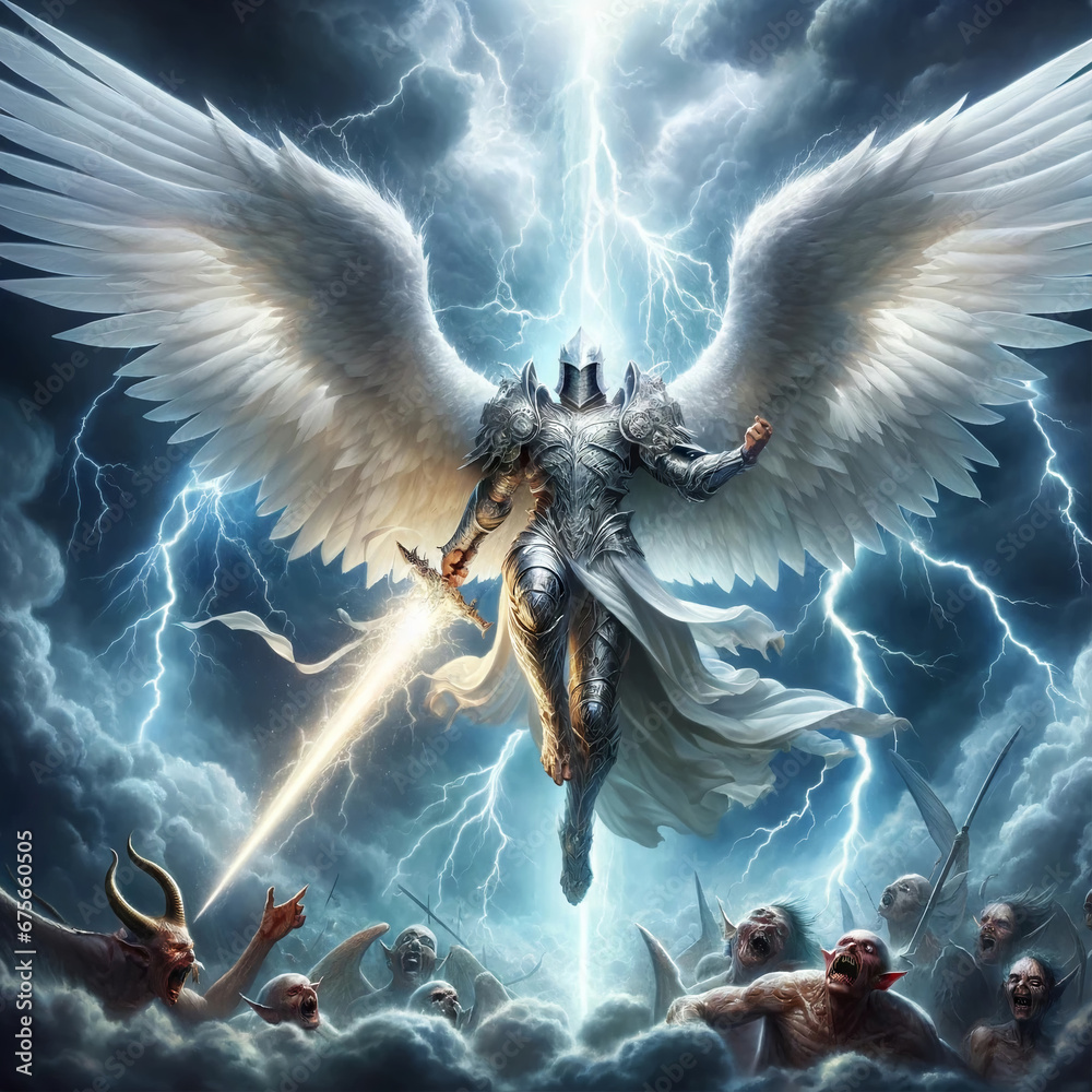 Epic Battle of Good vs Evil: Angel Warrior in Thunderstorm Stock ...