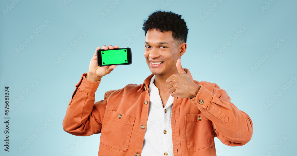 Foto de Thumbs up, green screen phone and portrait of man on blue ...