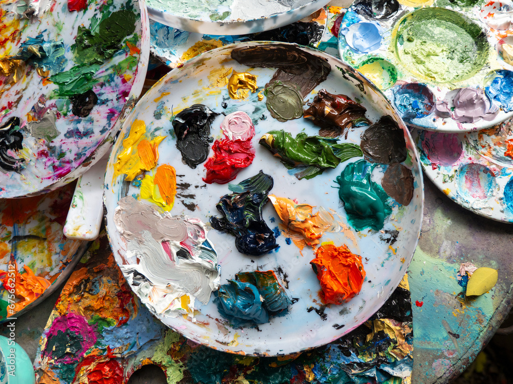 used artistic pallette with oil paints Stock Photo | Adobe Stock