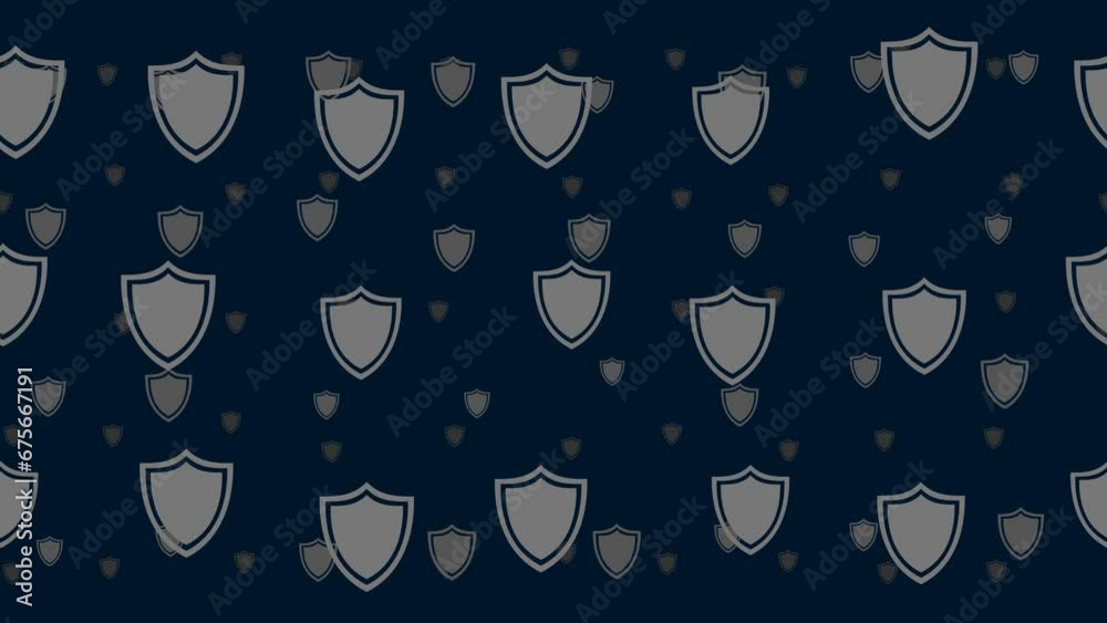 Shield symbols float horizontally from left to right. Parallax fly ...