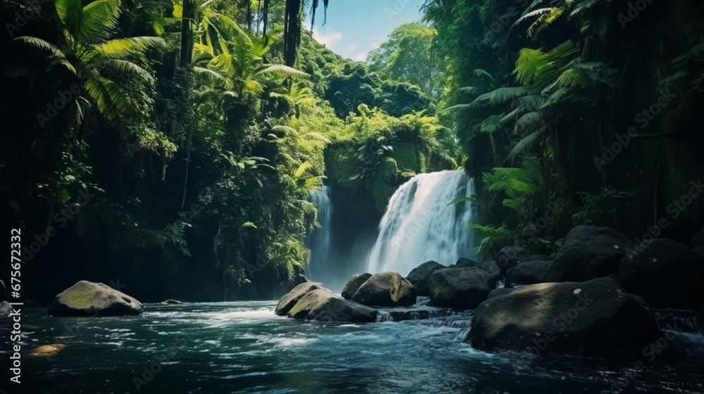 Waterfall landscape. Beautiful hidden waterfall in tropical rainforest ...