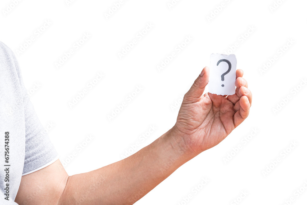 Man holding a paper with a question mark on it. Isolated, transparent ...