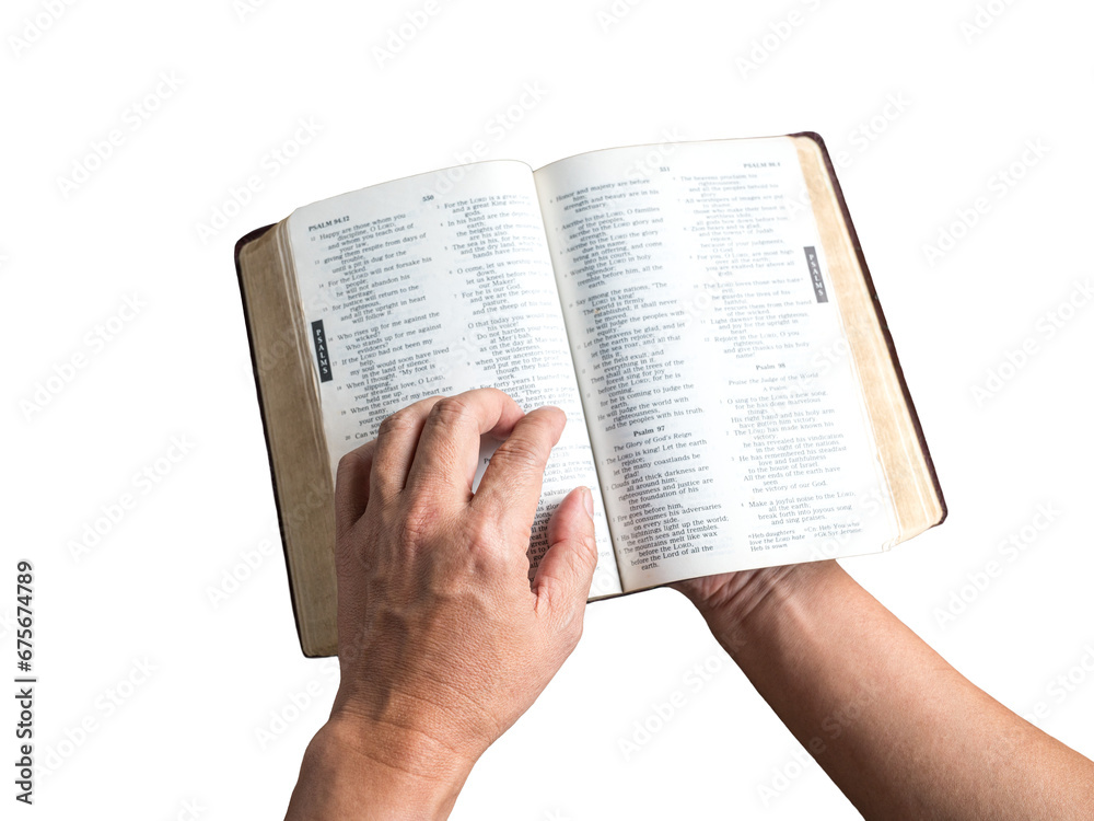 Man holding an open Holy Bible in his hands. Page shows Psalm. Isolated ...