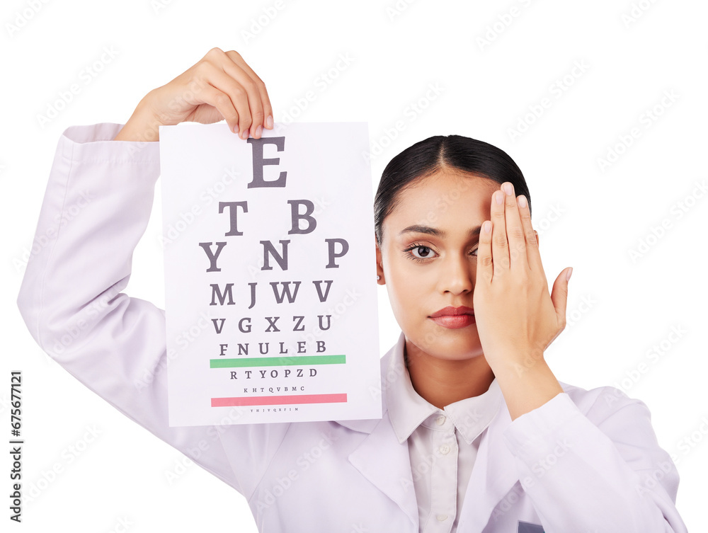 Portrait, poster and eye test with a woman optician and isolated ...