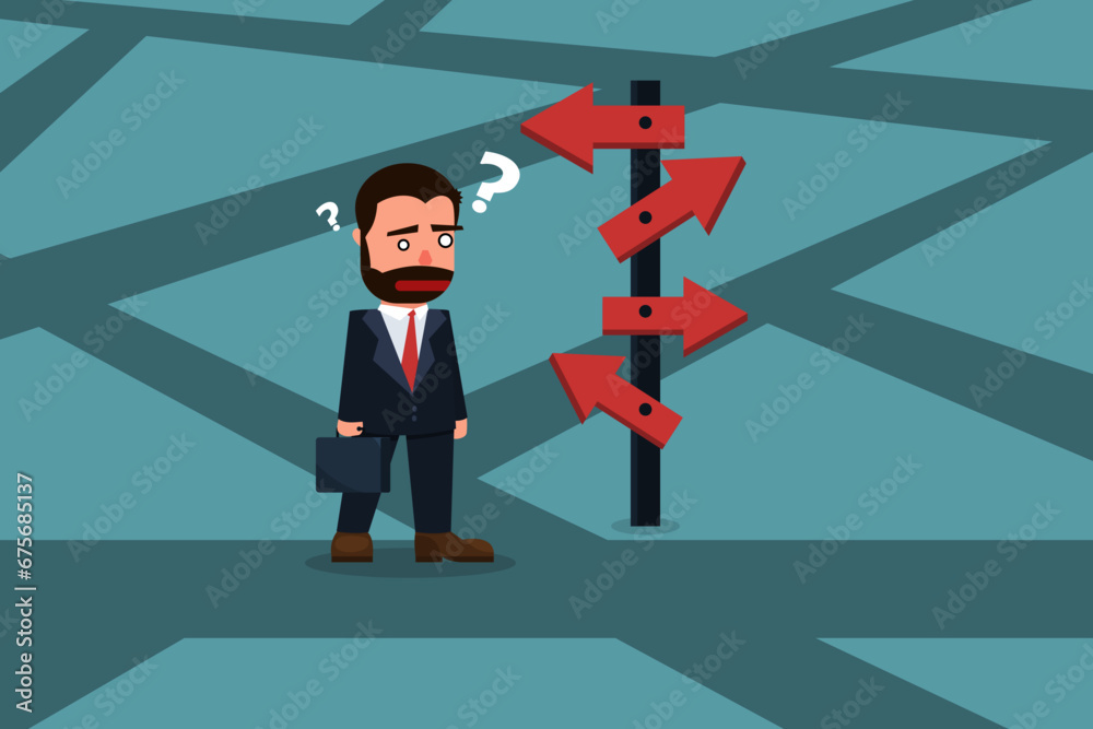 A businessman is confused as he looks at several road signs with ...