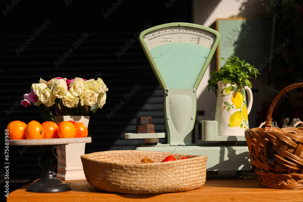 Vintage food scale decor. Food scale placed on a wood shelf with boxes ...
