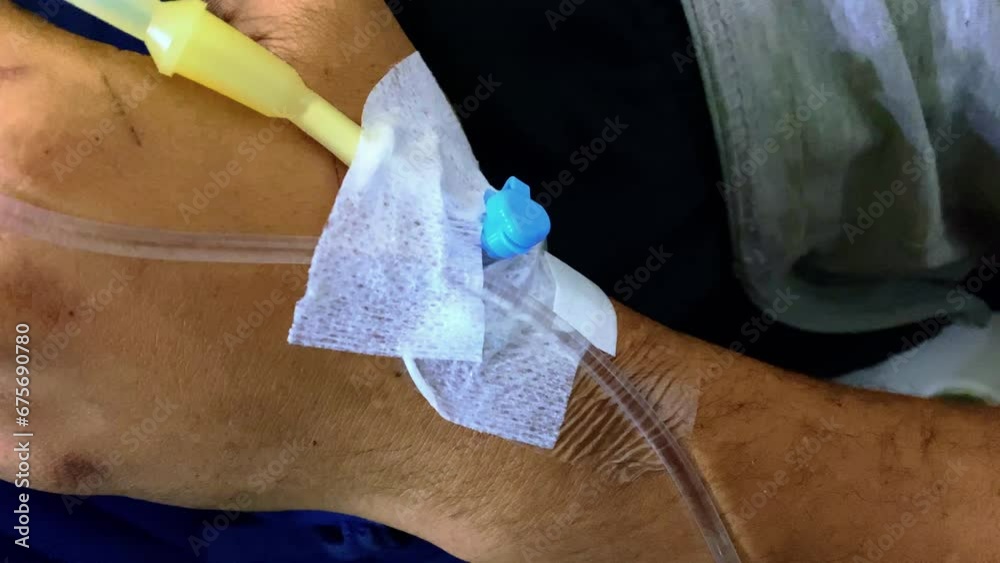 Hand pierced by IV tube.Patient in hospital has central puncture with ...