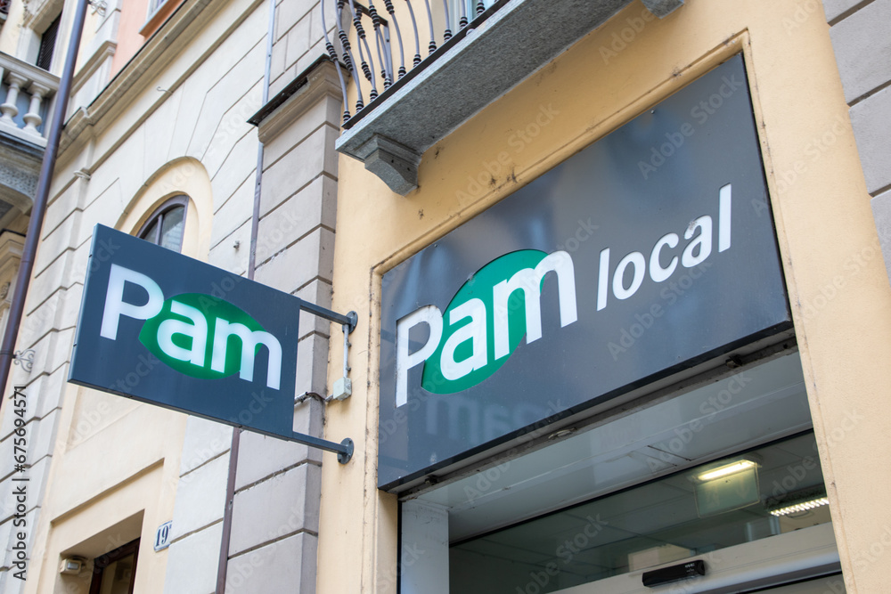 Pam local sign text and brand logo company supermarket in italy Stock ...