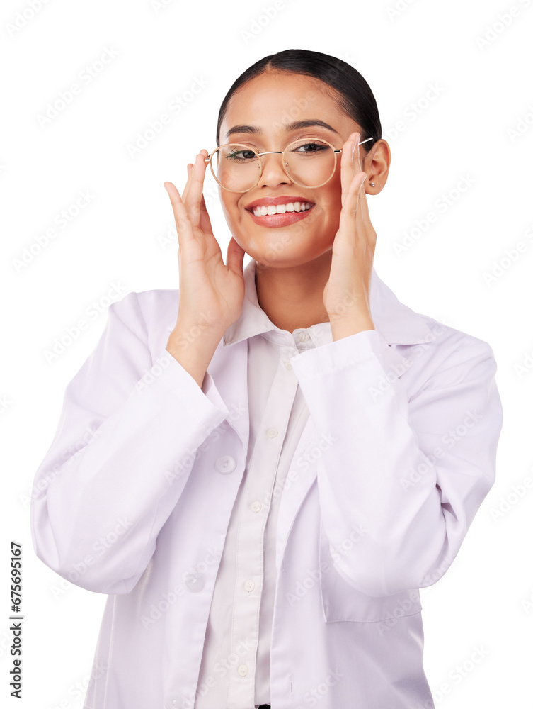 Glasses, vision and portrait of woman for optometry on isolated, png ...
