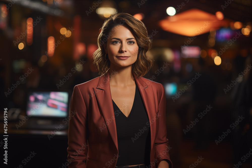 news anchor reporting election results on a TV screen, with a blurred ...