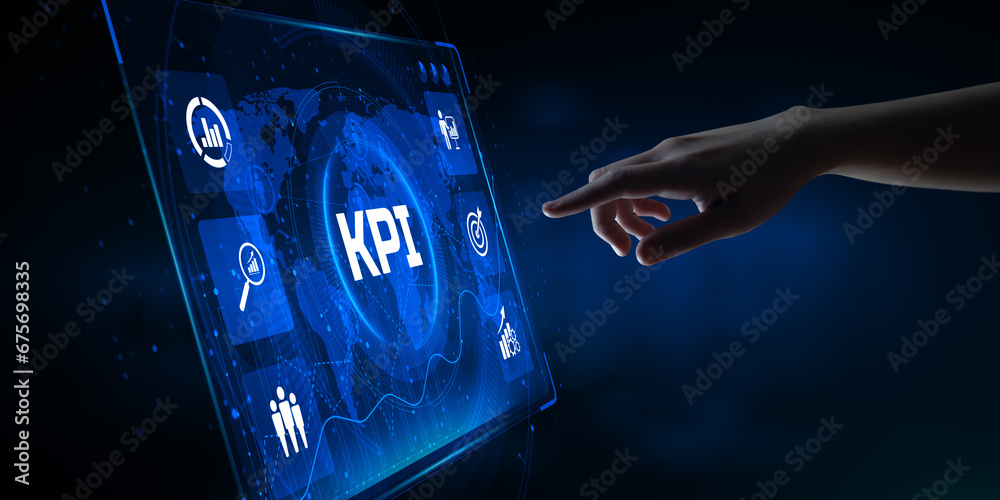 KPI Key Performance Indicator. Hand pressing button on screen. Stock ...