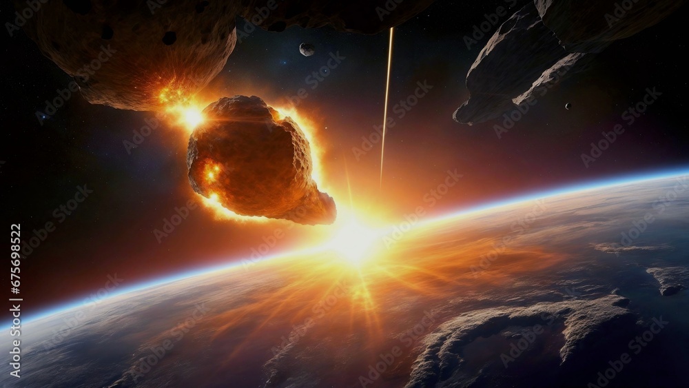 Asteroid impact planet earth. Cosmic clash. Cosmic art. Galactic art ...