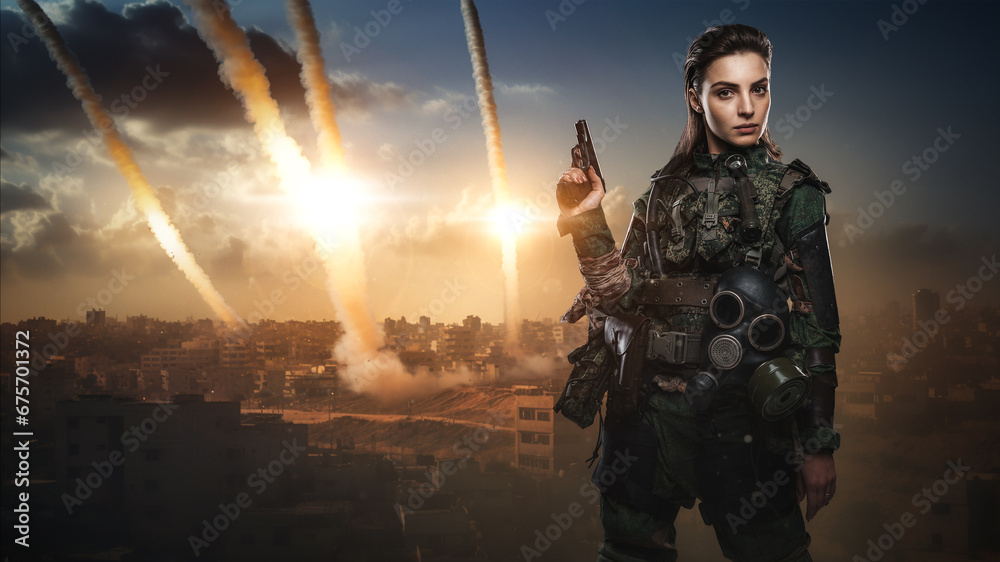 Female soldier in military uniform striking a pose against the backdrop ...