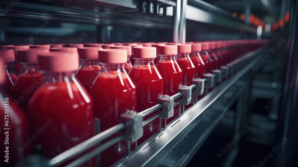 Automatic line for packing red juices into glass containers, food ...