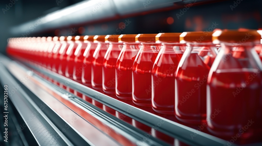 Automatic line for packing red juices into glass containers, food ...